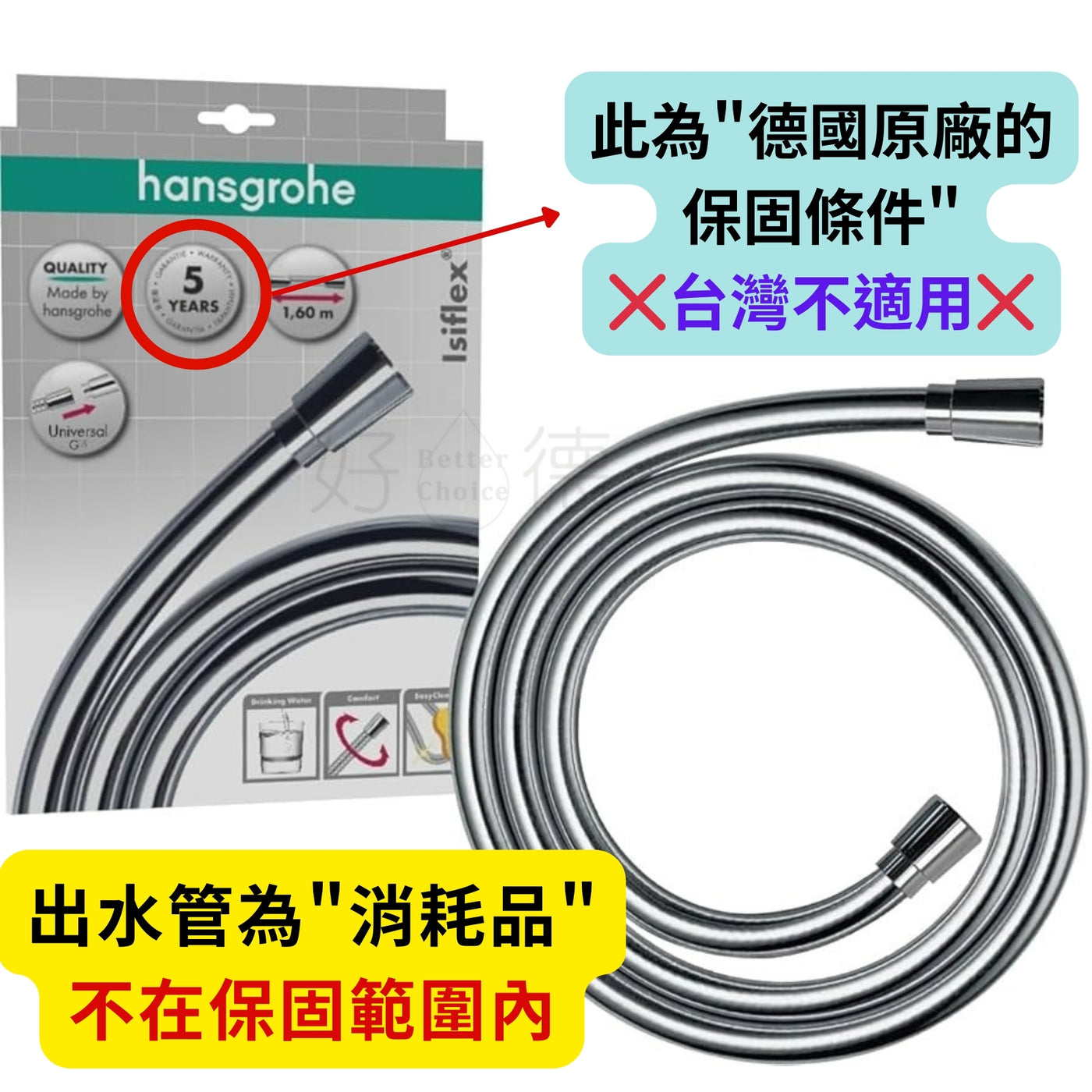 Hansgrohe 蓮蓬頭出水軟管/蛇管 抗菌防打結 德國製 160/200 cm 28276000 28276340 28276990 ...