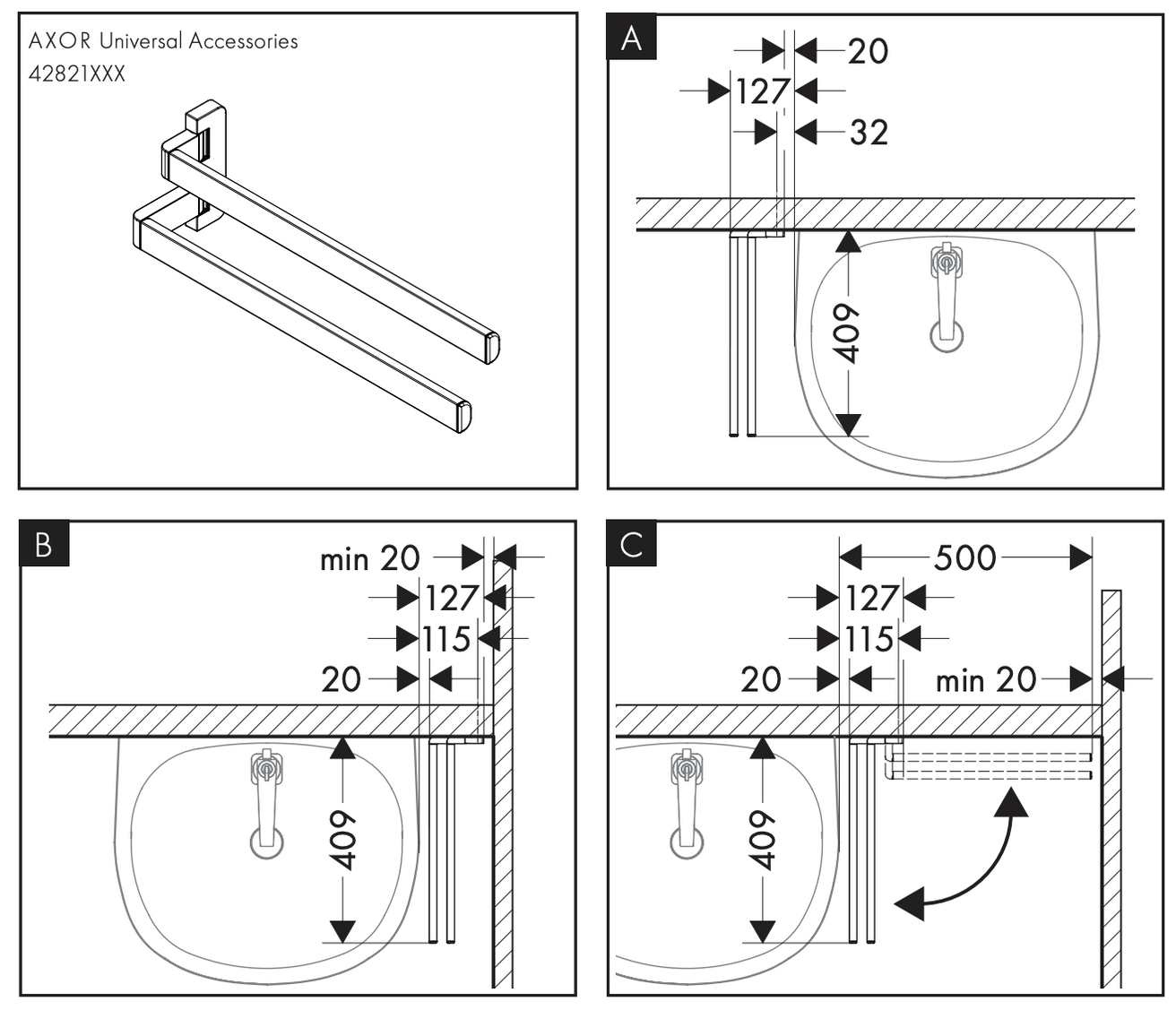 Axor Universal 可轉向毛巾桿 - 雙桿 42821000 42821990 42821950 42821670 42821310 ...